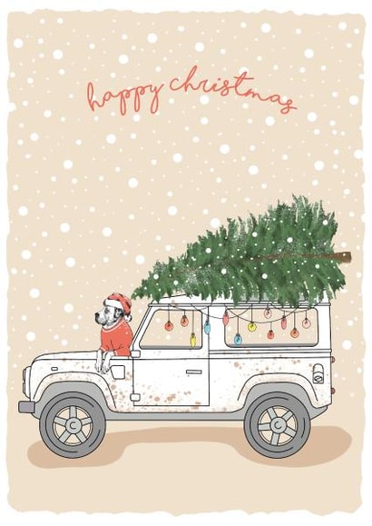Land Rover delivering Christmas Tree with dog card | thortful
