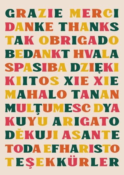 Multi Thanks Multilingual Typography Thank You Card | thortful
