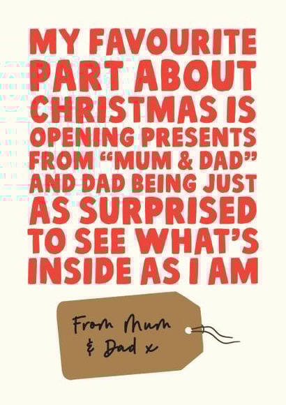 Christmas Day Presents From Mum and Dad - Funny Christmas Card For Parents | thortful