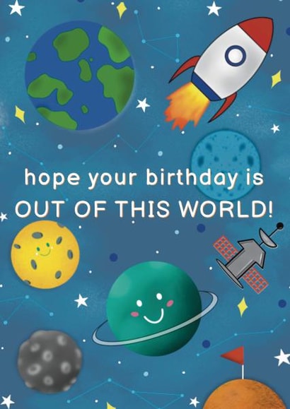 Space birthday card - out of this world - spaceship - planets ...