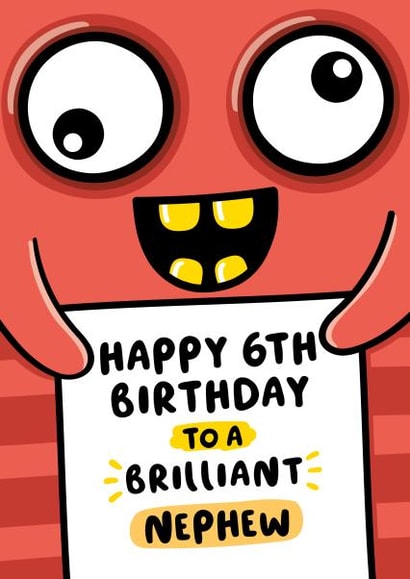 Cute 6th Birthday Card - For Nephew - Cartoon Monster | thortful