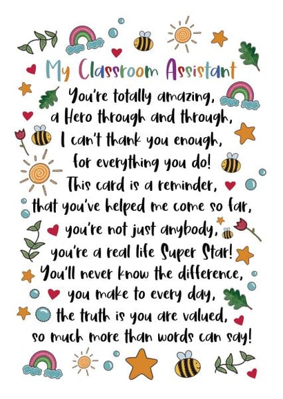 Cute Thank You Teacher Card - For Classroom Assistant - End of Year ...