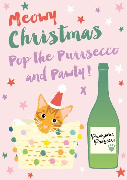 Cute Christmas Card - Meowy Christmas - Cat And Prosecco | thortful
