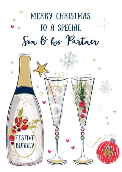 Classic Christmas Card - For Son & His Partner - Festive Bubbly | thortful