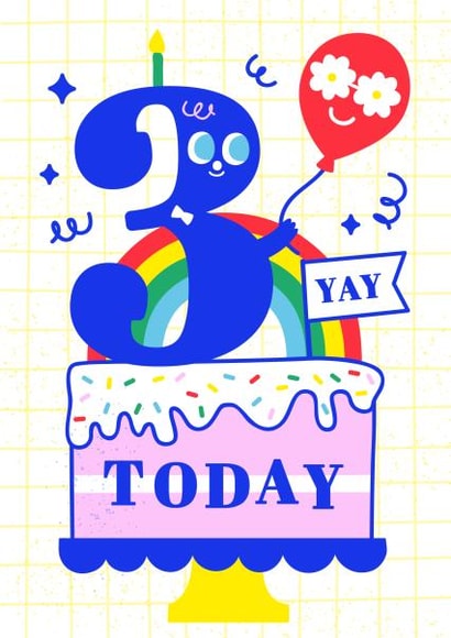 Three Today! Happy Third Birthday Rainbow Cake Card, 3rd Birthday Card ...