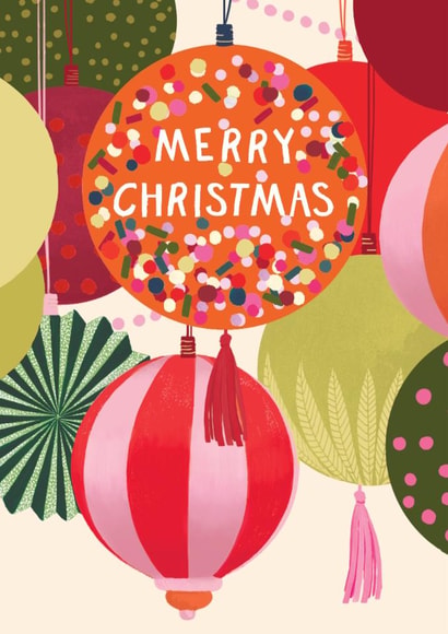 Classic Christmas Card - Baubles - Colourful & Bright Design | thortful