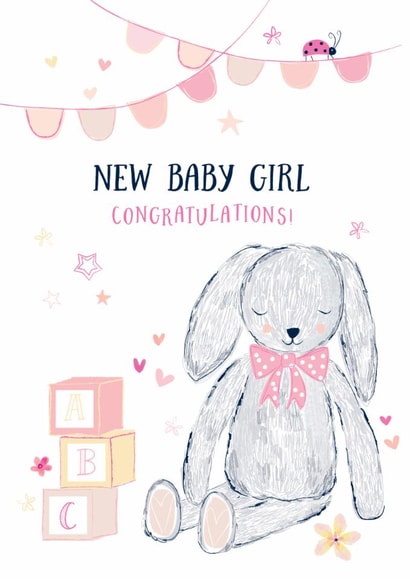Cute New Baby Card - Baby Girl - Teddy Bear | thortful