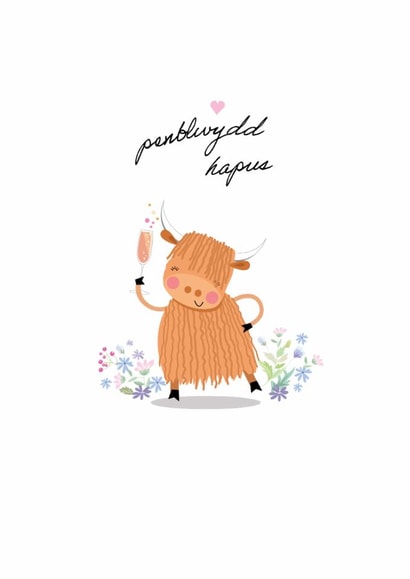 Cute Birthday Card - Penblwydd Hapus - Highland Cow | thortful