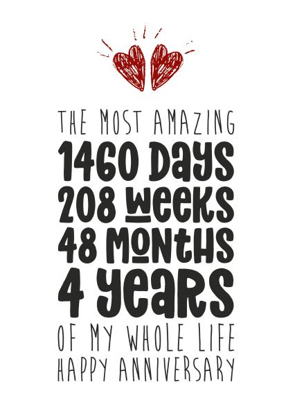 Cute Typography Anniversary Card - 4 Years - The Most Amazing 1460 Days ...