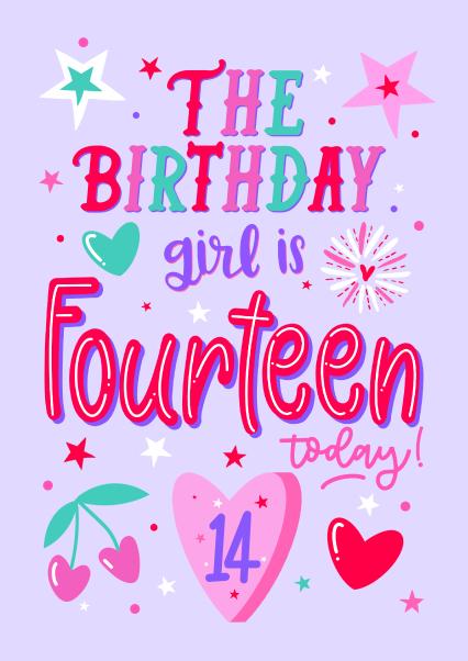 14th Birthday Girl - female for her - pretty cute cherry lilac card ...