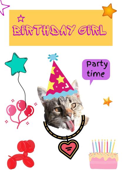 Birthday girl cat party time card | thortful