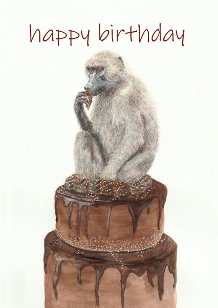 Baboon eating chocolate cake birthday card | thortful