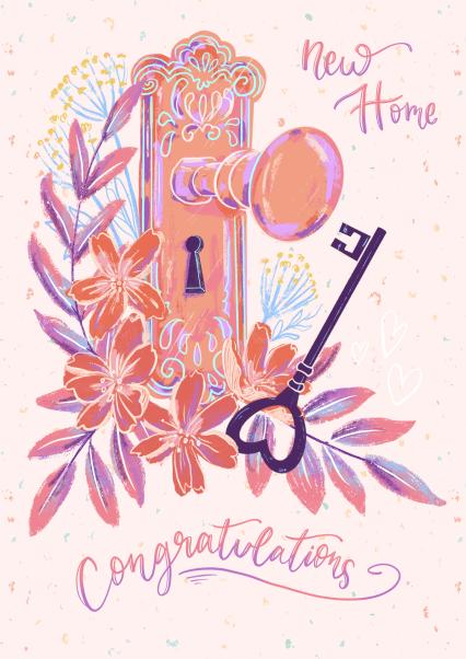 Door handle and key with florals congratulations new home card | thortful