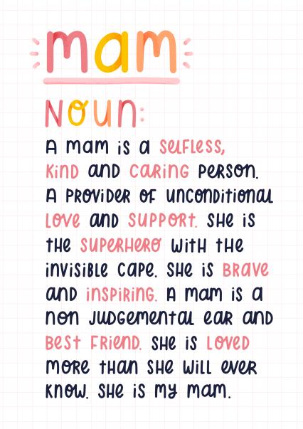 Heartfelt Typography Mothers Day Card - Mam - Definition - A Mam Is A ...