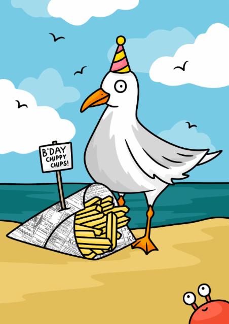 Funny ‘Birthday chippy chips’ seagull beach lovers card | thortful
