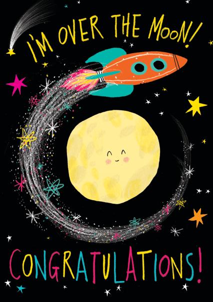 Cute Congratulations card - Space rocket and moon - Over the Moon ...