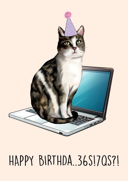 Cute Happy Birthday Card - Funny Cat on Keyboard | thortful