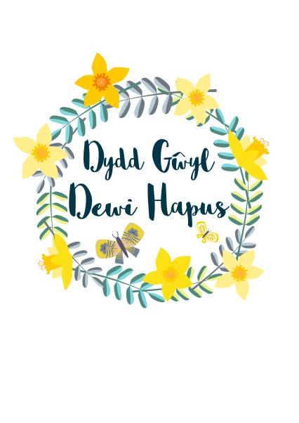Bright St David's Day Card - Dydd Gwyl Dewi Hapus - Wreath of Daffodils ...