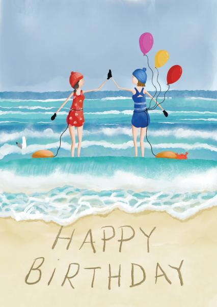 Fun Birthday Card - Swim Friend - Swimmers at Beach - Sea | thortful