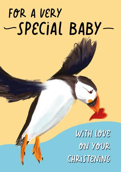 Cute Christening Card - Bird with heart - Puffin - Christian | thortful