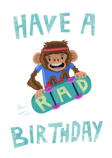 Cute birthday card for kids - Have a Rad Day - Monkey on Skateboard ...