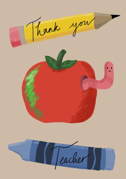Cute Thank You card - For Teacher - Apple, Worm, and Writing Tools ...