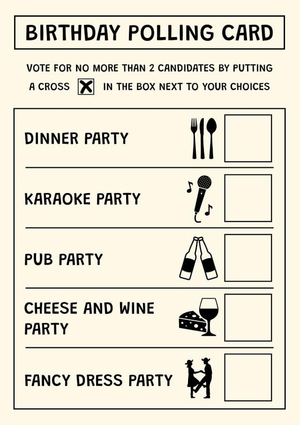 Funny Birthday Card - General Election - Birthday Part Polling Card ...