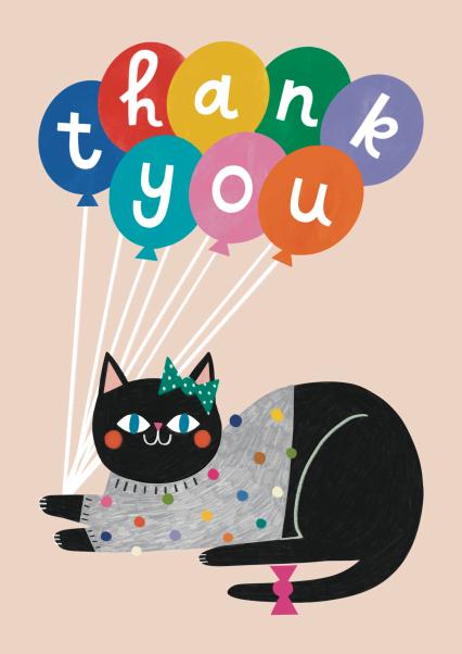 Cute & Pretty Thank You Cat Card - Rainbow Balloons - Bows | thortful