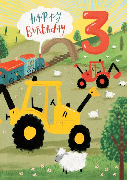 Fun 3rd Birthday Card - For Boy - Tractors And Diggers - Age 3 | thortful