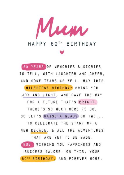 Heartfelt 60th Birthday Card - For Mum - Poem | thortful