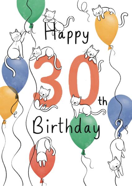 Cute 30th Birthday Card - Cats - Balloons | thortful