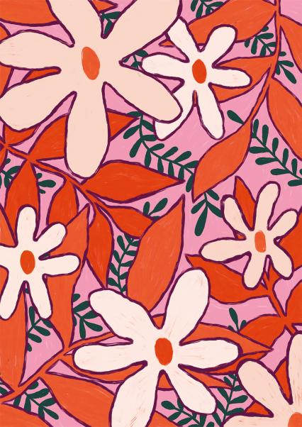 Cute artsy illustrated card with pink wildflowers and orange leaves ...