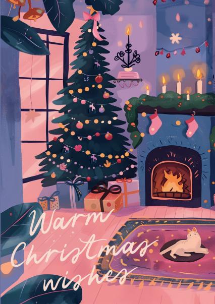 Pretty Christmas Card - Warm Wishes - Cosy Fire | thortful