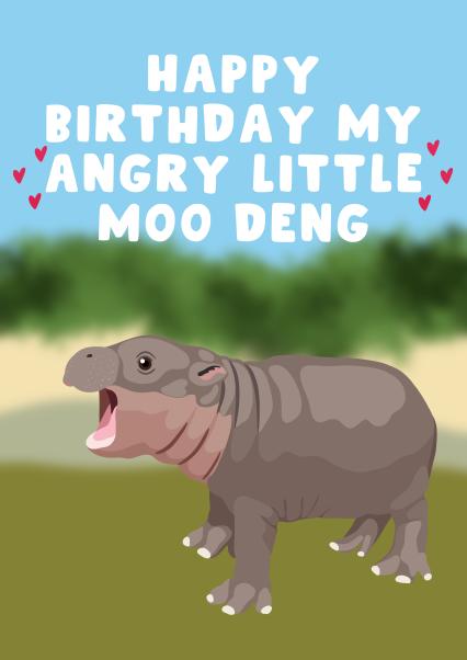 Cute Birthday Card - Angry Little Moo Deng - Hippo | thortful