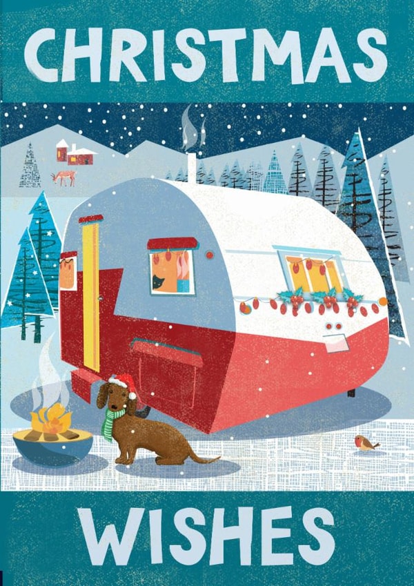 Classic Retro Caravan & Dog Christmas card | thortful