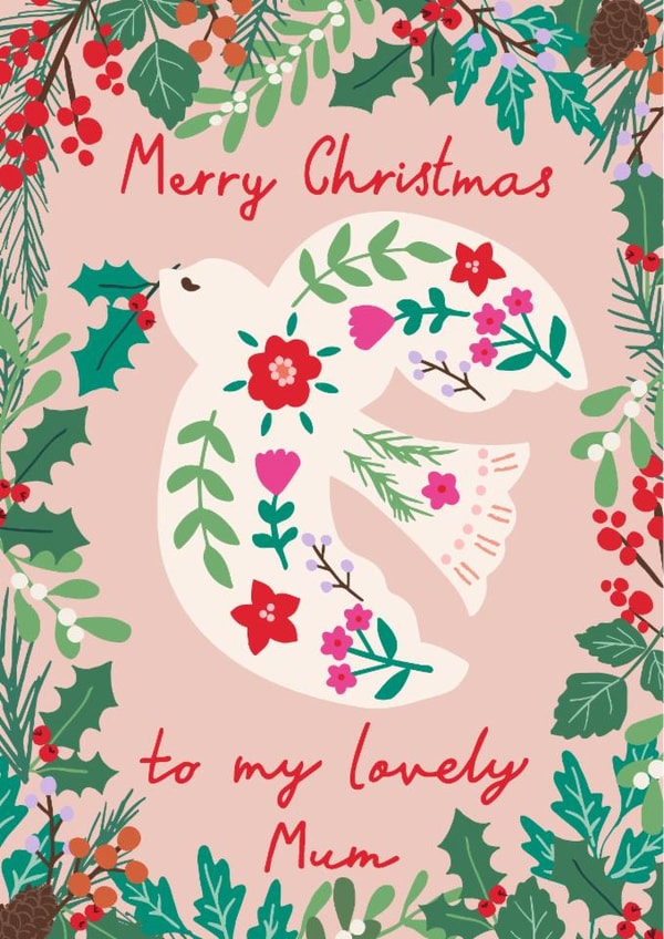 Pretty Christmas Card - For Lovely Mum - Folk Florals - Dove | thortful
