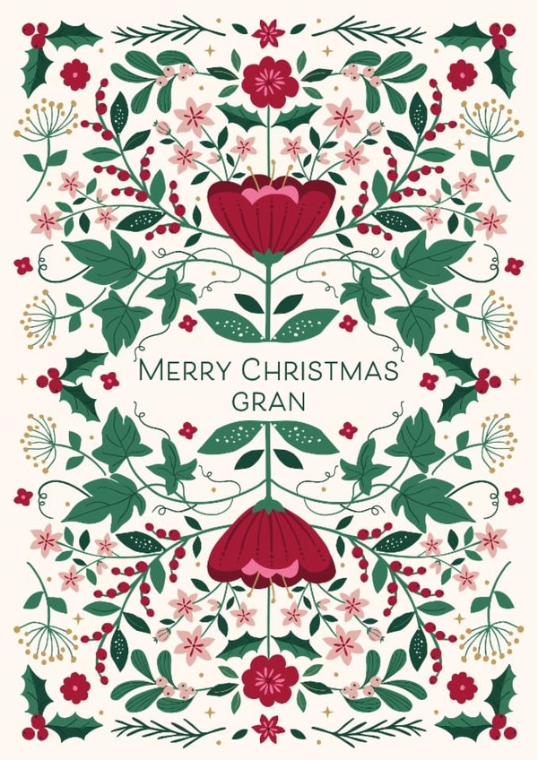 Classic Christmas Card - For Gran - Festive Florals - Holly & Ivy ...